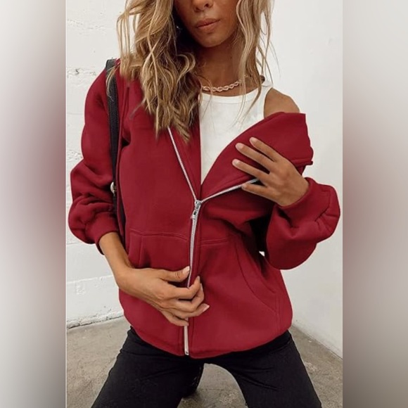 Tops | Cute Womens Red Zipup Hoodie Long Sleeve Hood | Poshmark